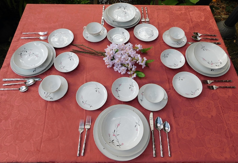 Vintage Cherry Blossom China Set: Japan Dinnerware, Platinum Rim (58 ...