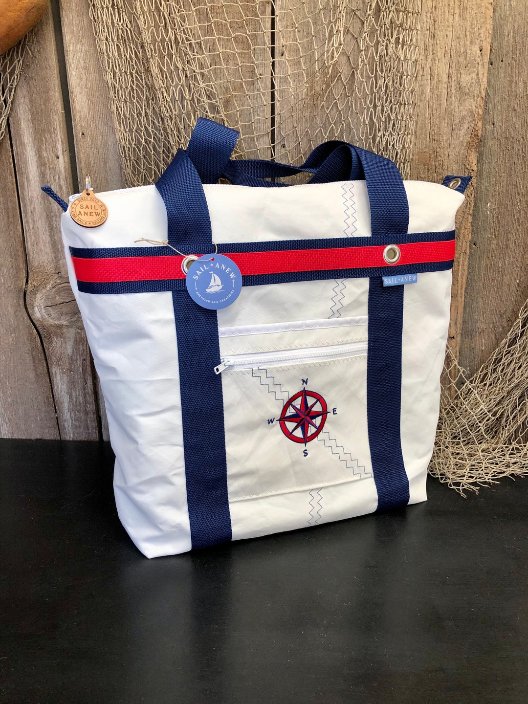 Recycled Sail Compass Rose Deck Tote, Extra Large Nautical Sailcloth ...