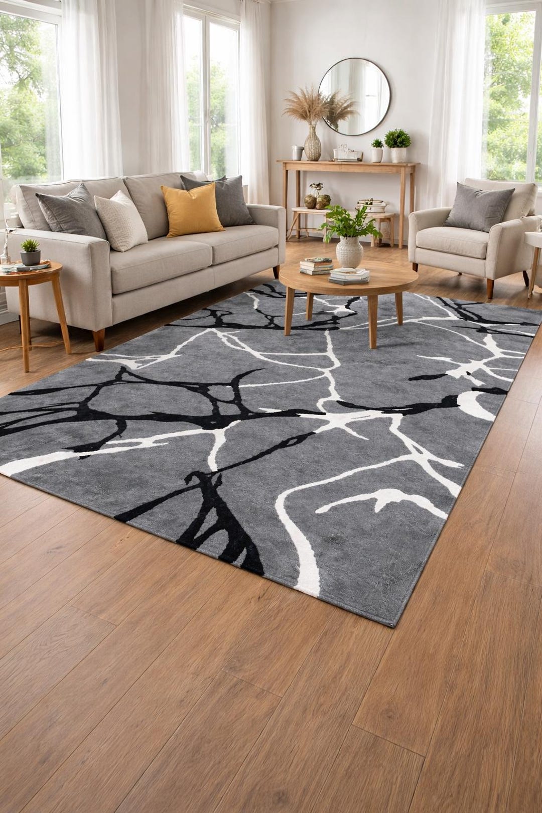 Modern Grey Abstract Area Rug, Black White Contemporary - Etsy