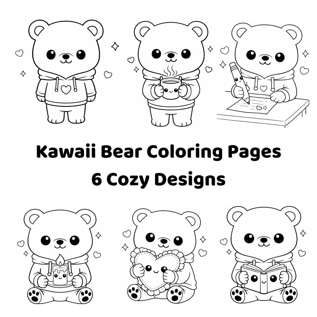 Kawaii Bear Coloring Pages – Set 1 | Cozy Bear Coloring Book | Cute ...