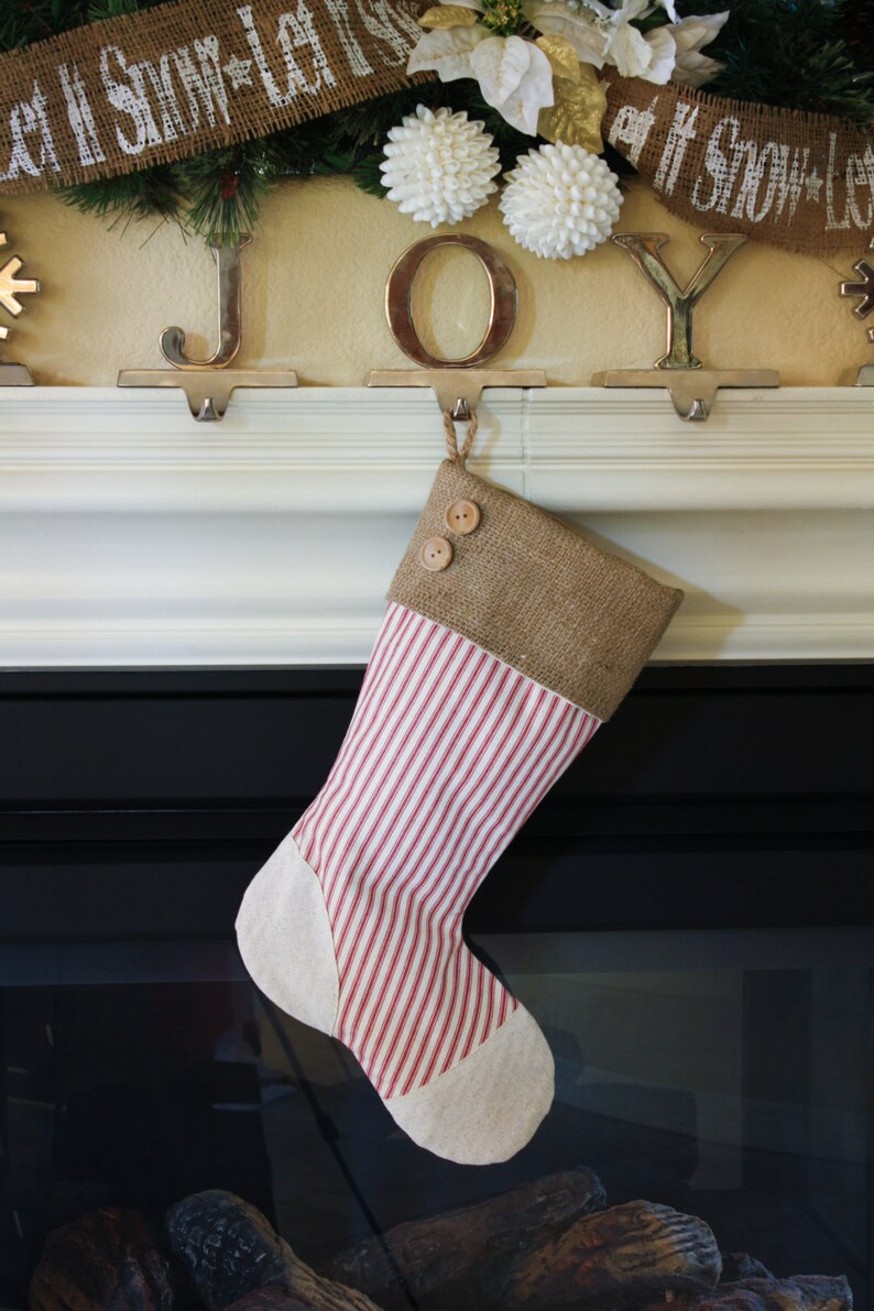 Christmas Stocking With Burlap and Red Ticking Accents - Etsy