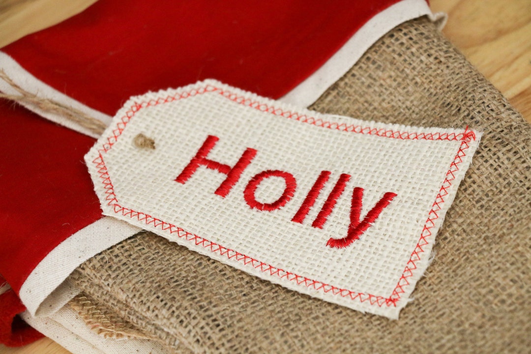Stocking Tags - Personalized Embroidered Ivory Burlap Christmas ...