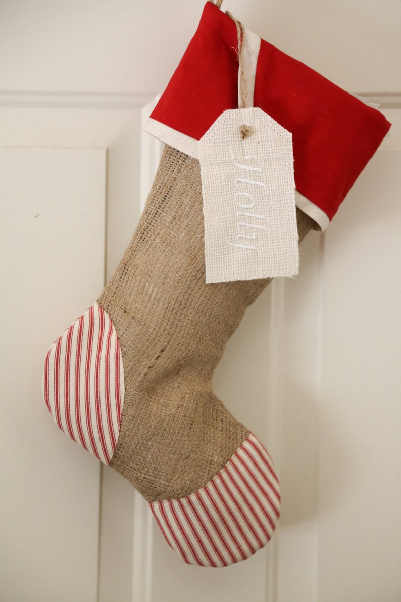 Stocking Tags Personalized Embroidered Ivory Burlap | Etsy