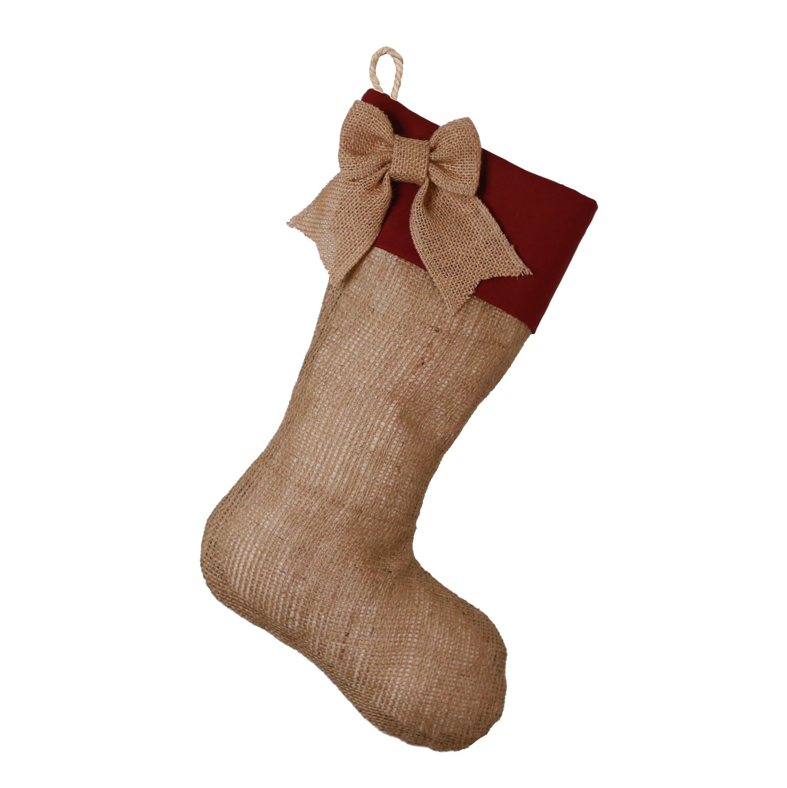 Burlap Christmas Stockings With Burgundy Cuffs Set of - Etsy