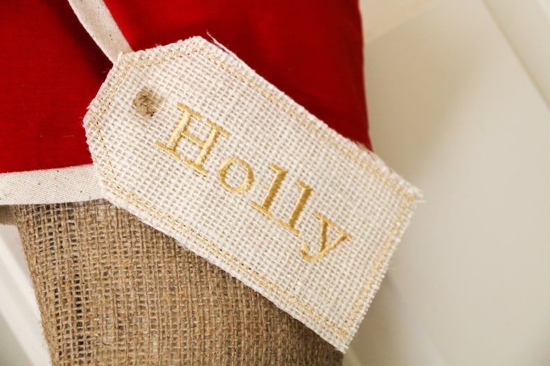 Stocking Tags Personalized Embroidered Ivory Burlap | Etsy