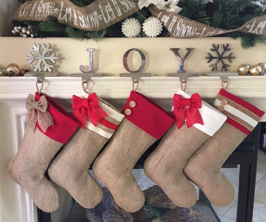 Burlap Stockings - Matching Set of 5 Family Christmas Stockings With ...