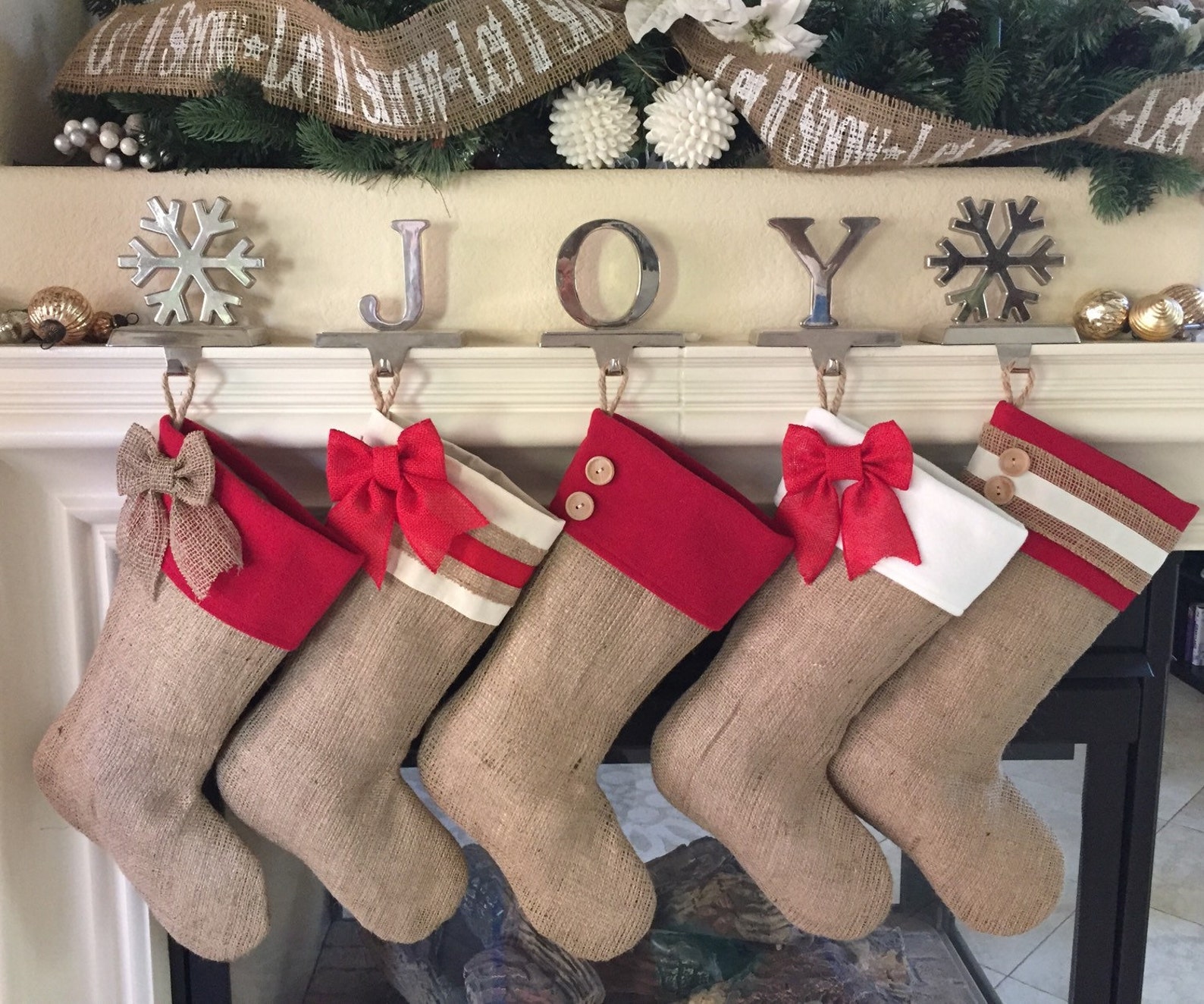 Burlap Stockings - Matching Set of 5 Family Christmas Stockings With ...