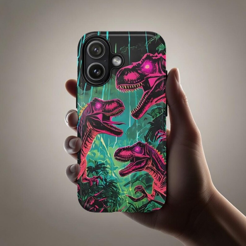 Neon Dinosaur iPhone 17 Case – Cyberpunk T-rex Jungle Phone Cover ...