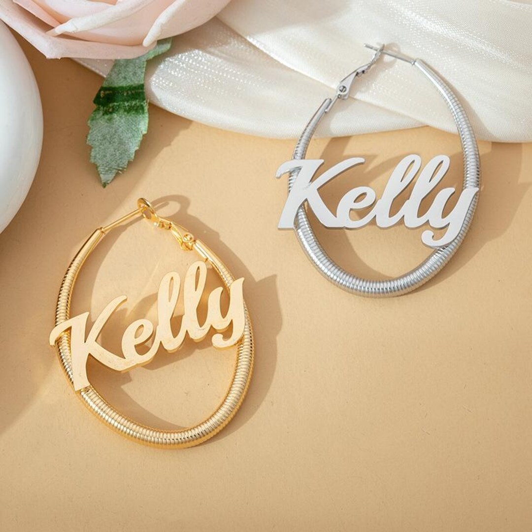 Custom Name Hoop Earrings, Personalized Stainless Steel Script Hoops ...