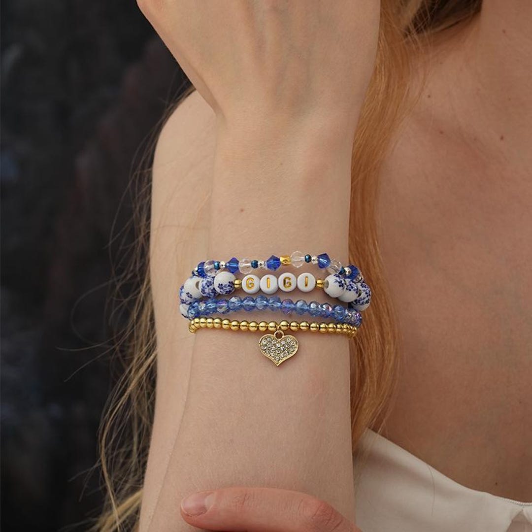Custom Letter Beaded Bracelet, Blue White Porcelain Style Bracelet ...