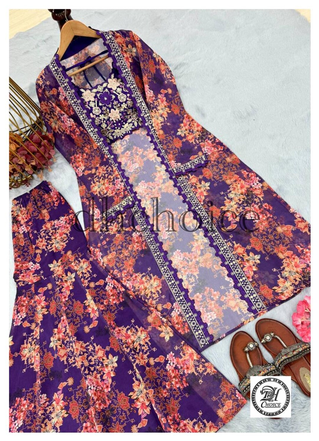 Floral Print Indo Western Plazo Set/embroidered Koti & Blouse/3 Pieces ...