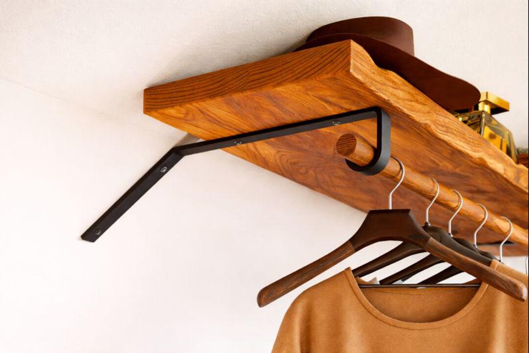 Angled Wall Shelf Bracket With Closet Rod | Heavy Duty 1″ Steel | Attic ...