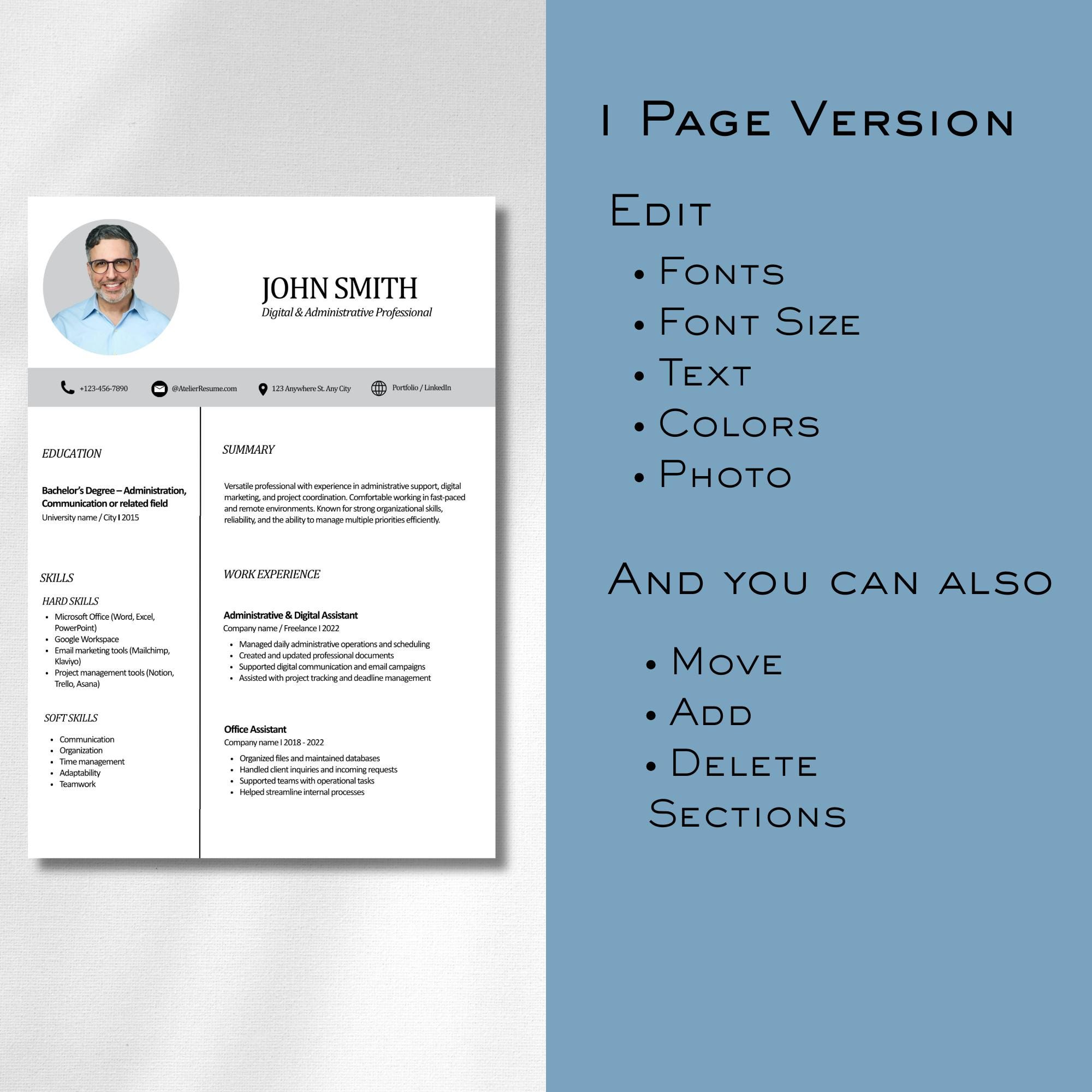 Modern Professional Resume Template | 1 & 2 Page CV | Editable in Canva ...