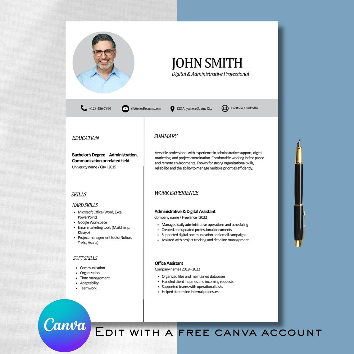 Modern Professional Resume Template | 1 & 2 Page CV | Editable in Canva ...
