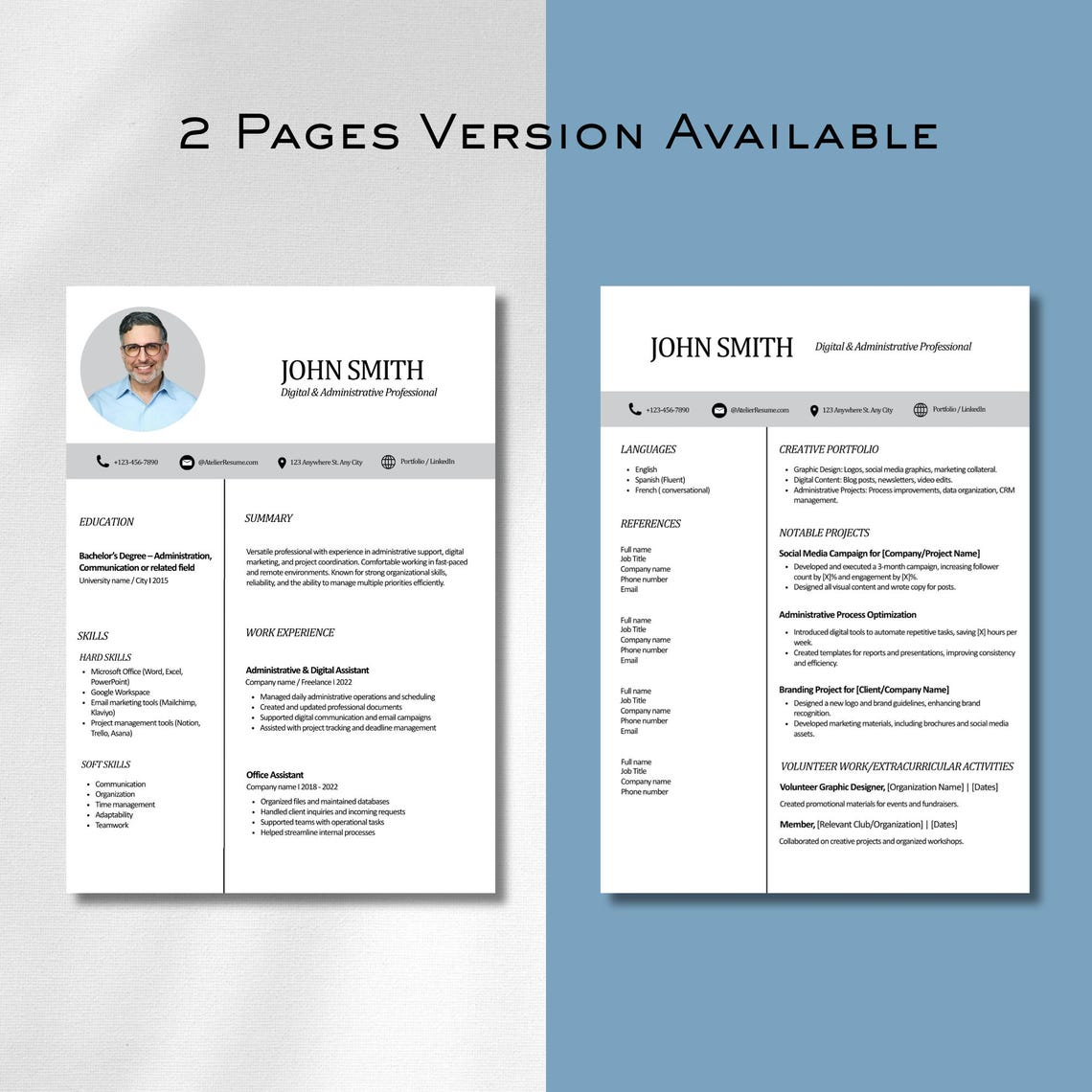 Modern Professional Resume Template | 1 & 2 Page CV | Editable in Canva ...