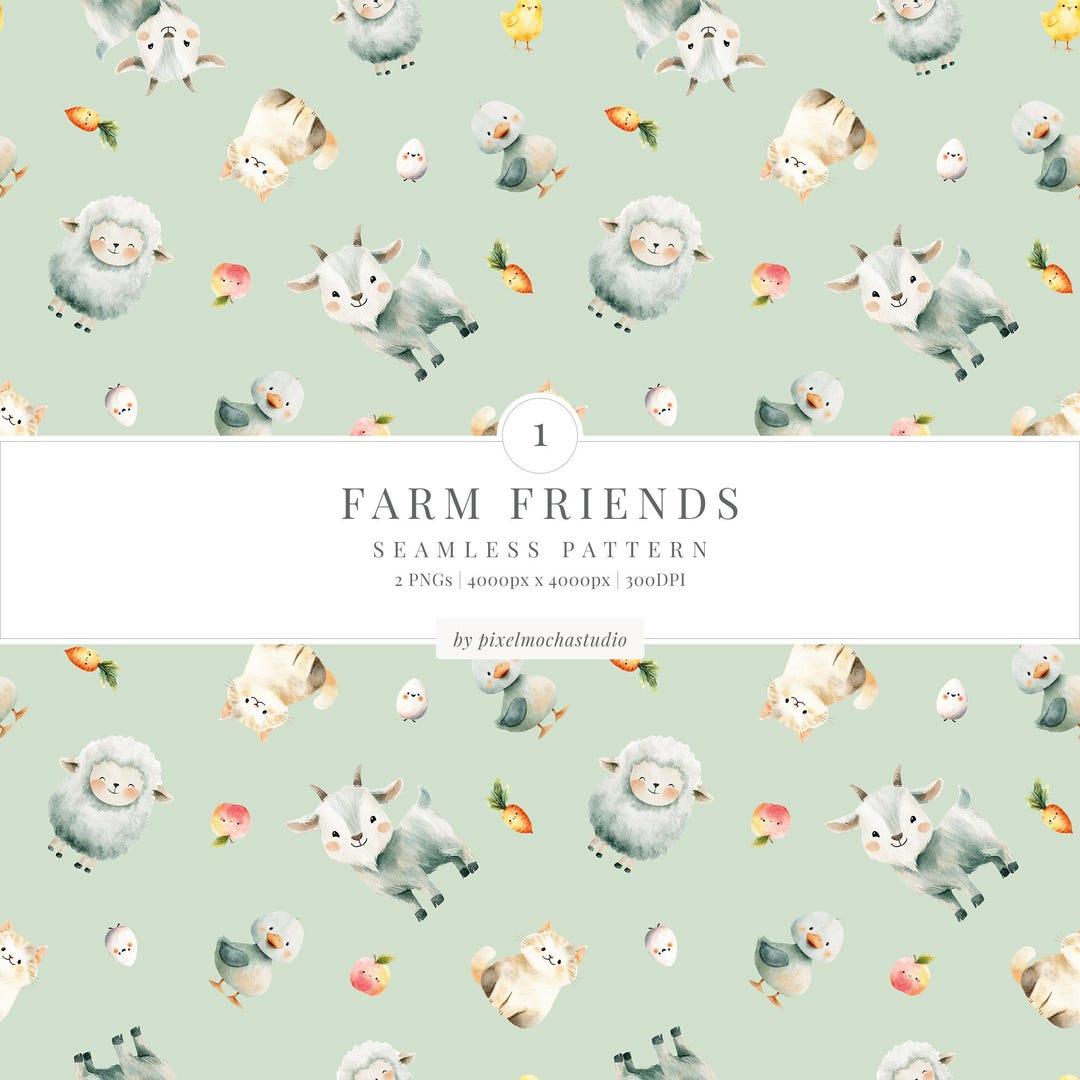 Farm Friends Seamless Pattern | Watercolor Animals & Vegetables Digital ...