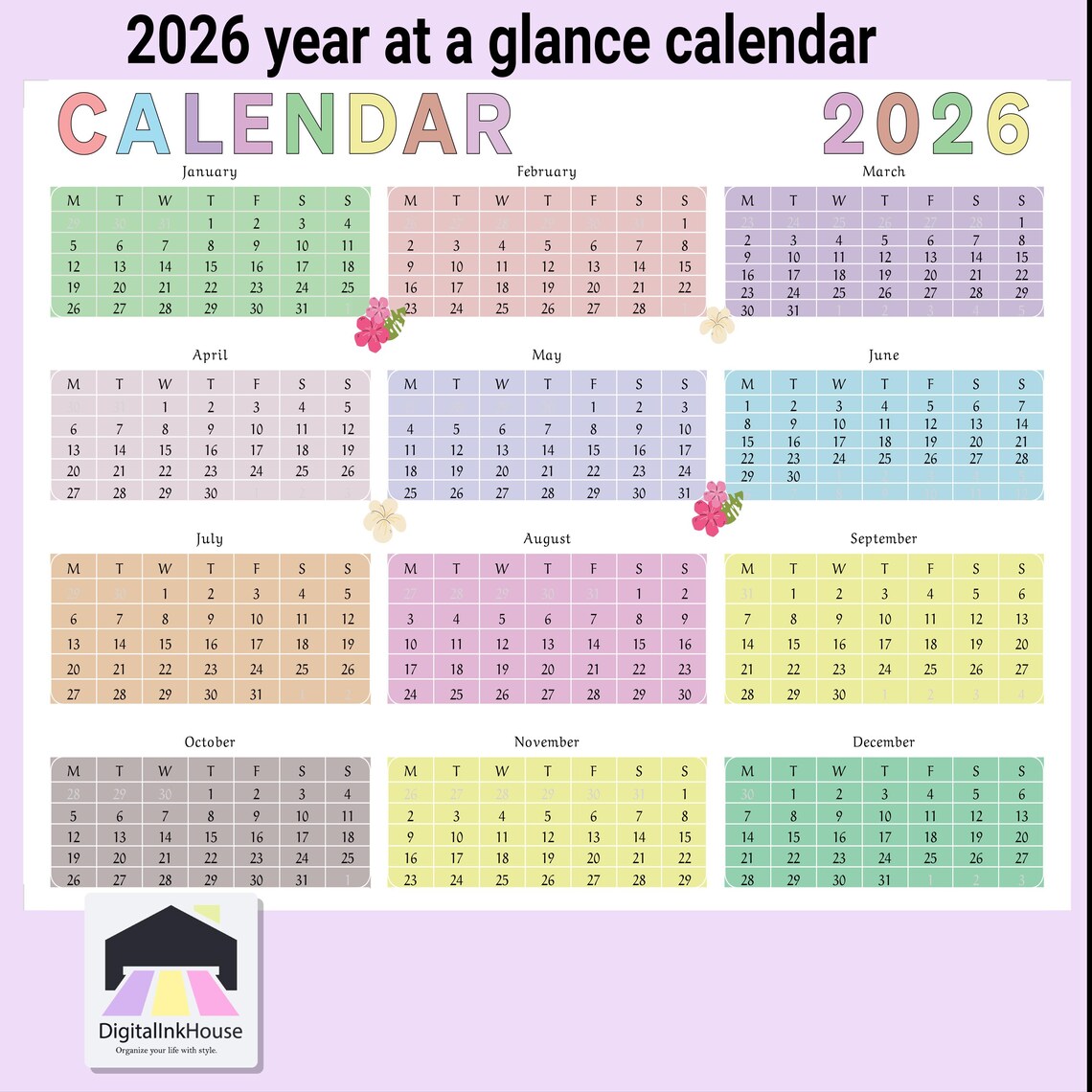 2026 Year at a Glance Calendar Printable | Pastel Rainbow Yearly ...