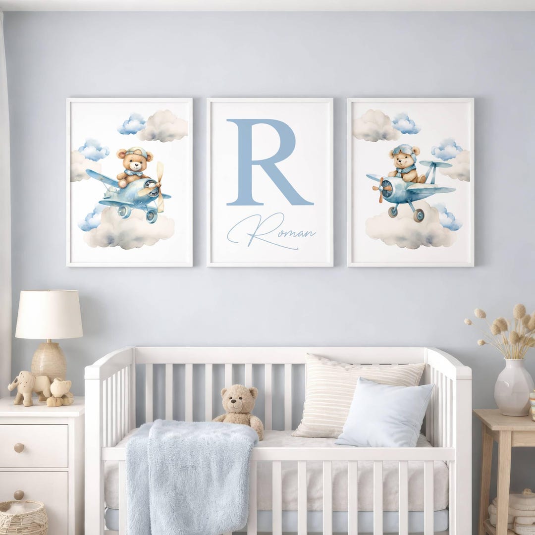 Blue Aircraft Custom Name and Initial Nursery Print Set, Teddy Bear ...