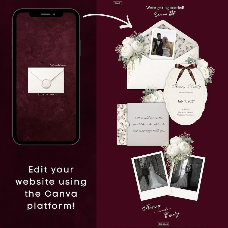 Burgundy Old Money Floral Wedding Website Template Canva, Save the Date ...