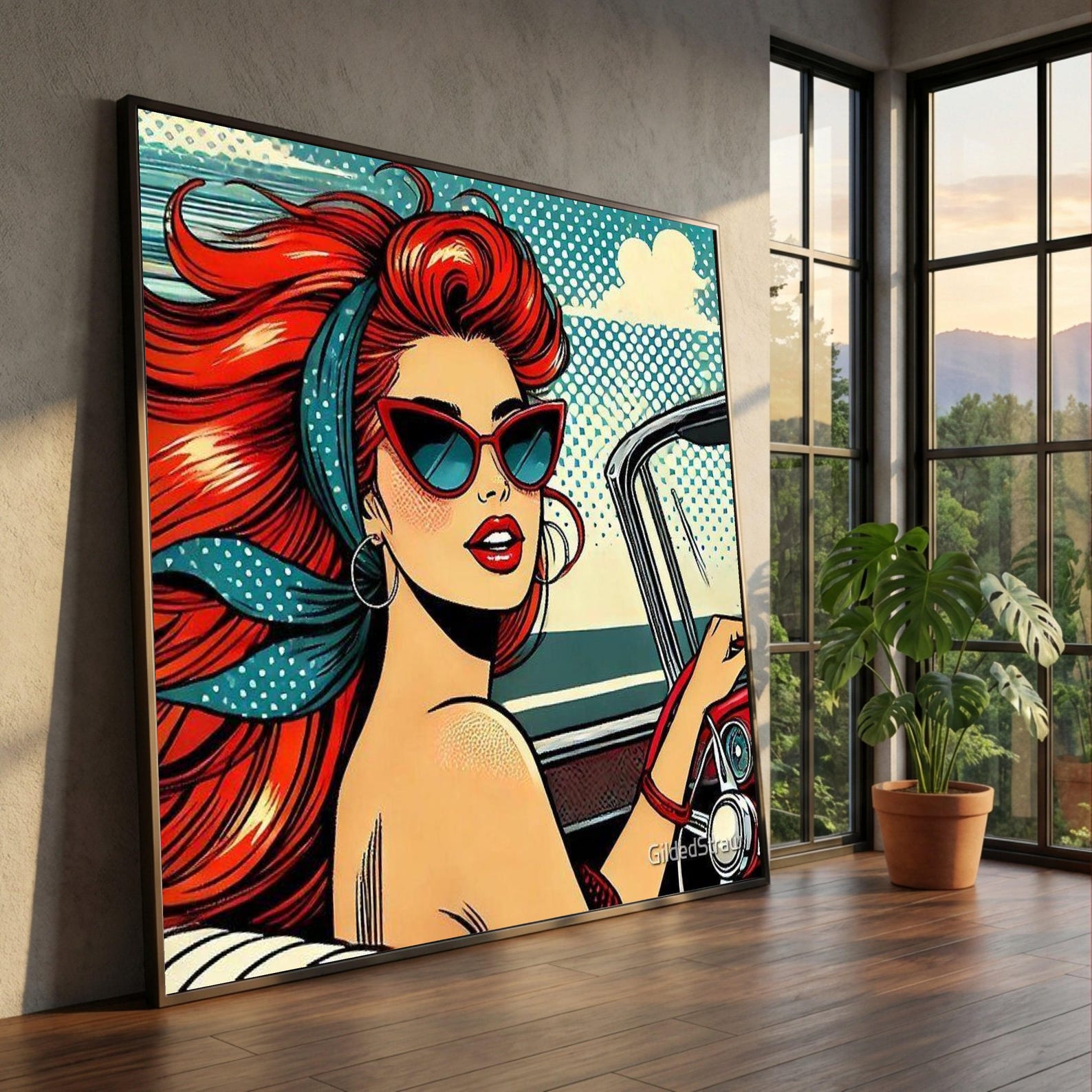 Retro Redhead Woman Driving Canvas, Pop Art Graffiti Wall Art, Vintage ...