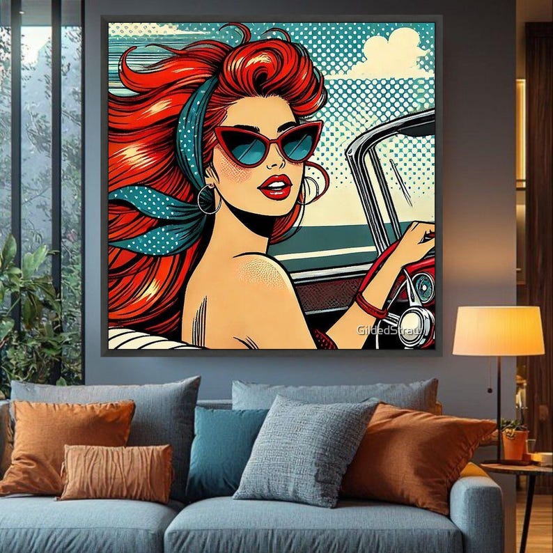 Retro Redhead Woman Driving Canvas, Pop Art Graffiti Wall Art, Vintage ...