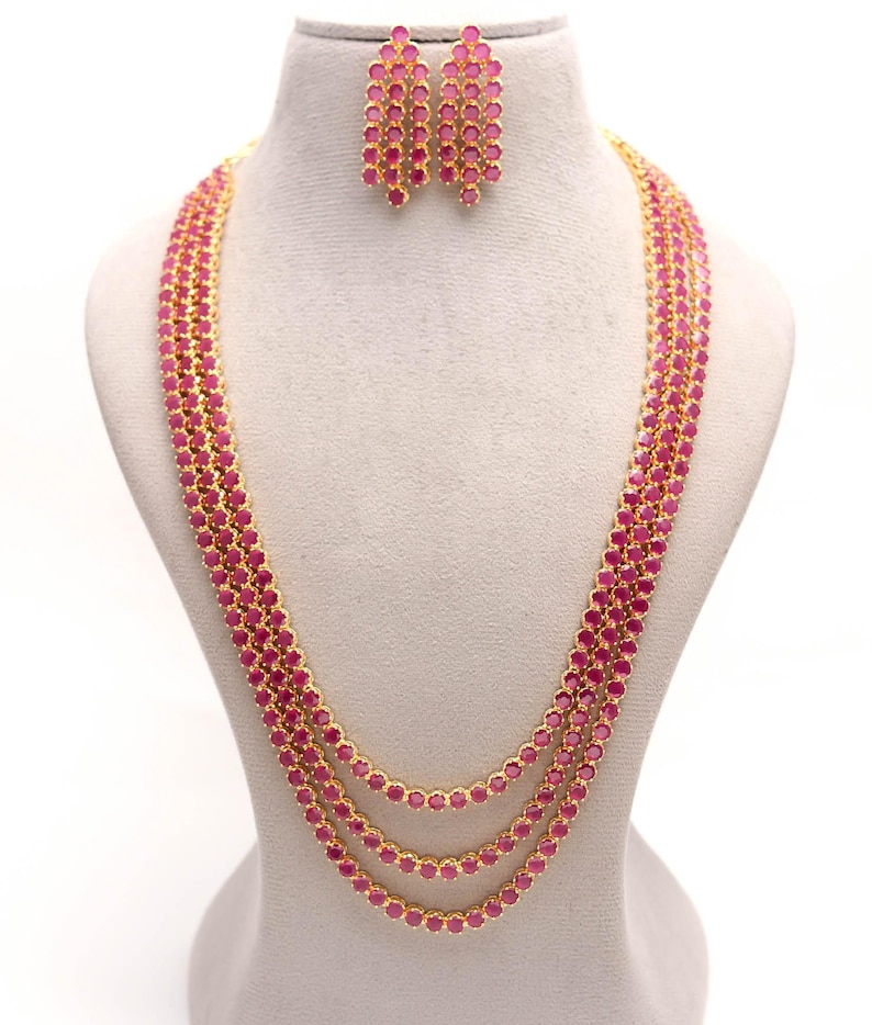 3 Layer Ruby Long Necklace | 22K Gold Plated South Indian Haram ...