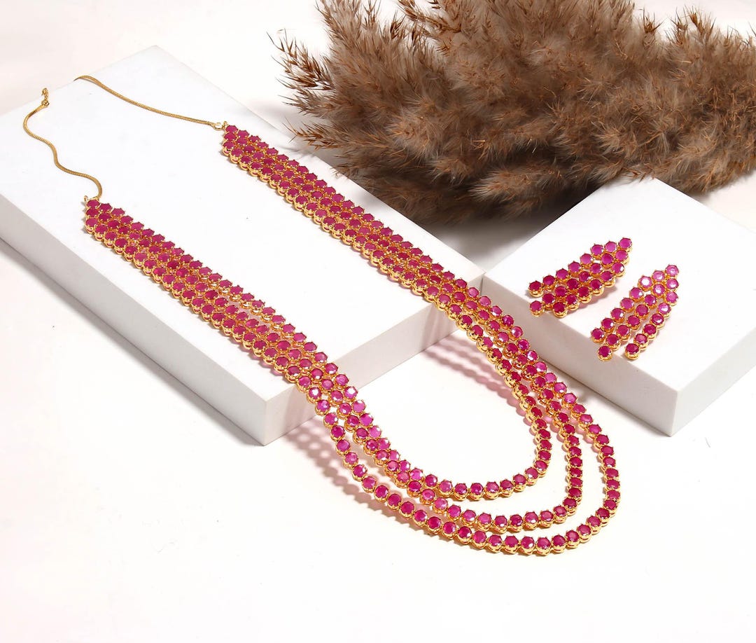 3 Layer Ruby Long Necklace | 22K Gold Plated South Indian Haram ...