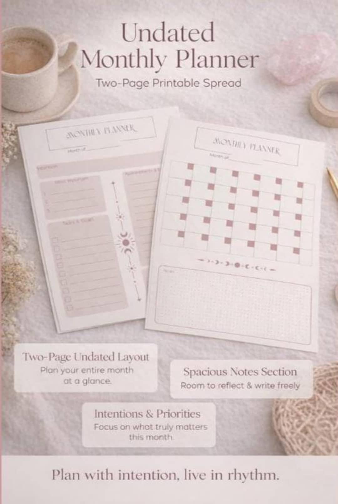 Monthly Planner Printable | Undated Two-page Monthly Spread ...