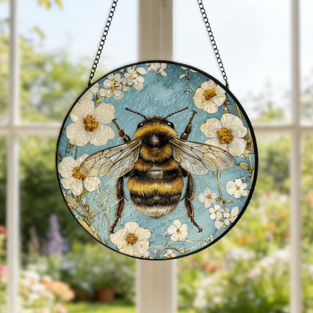 Bee Stained Glass Suncatcher, Bee Flowers Window Hanging, Housewarming ...