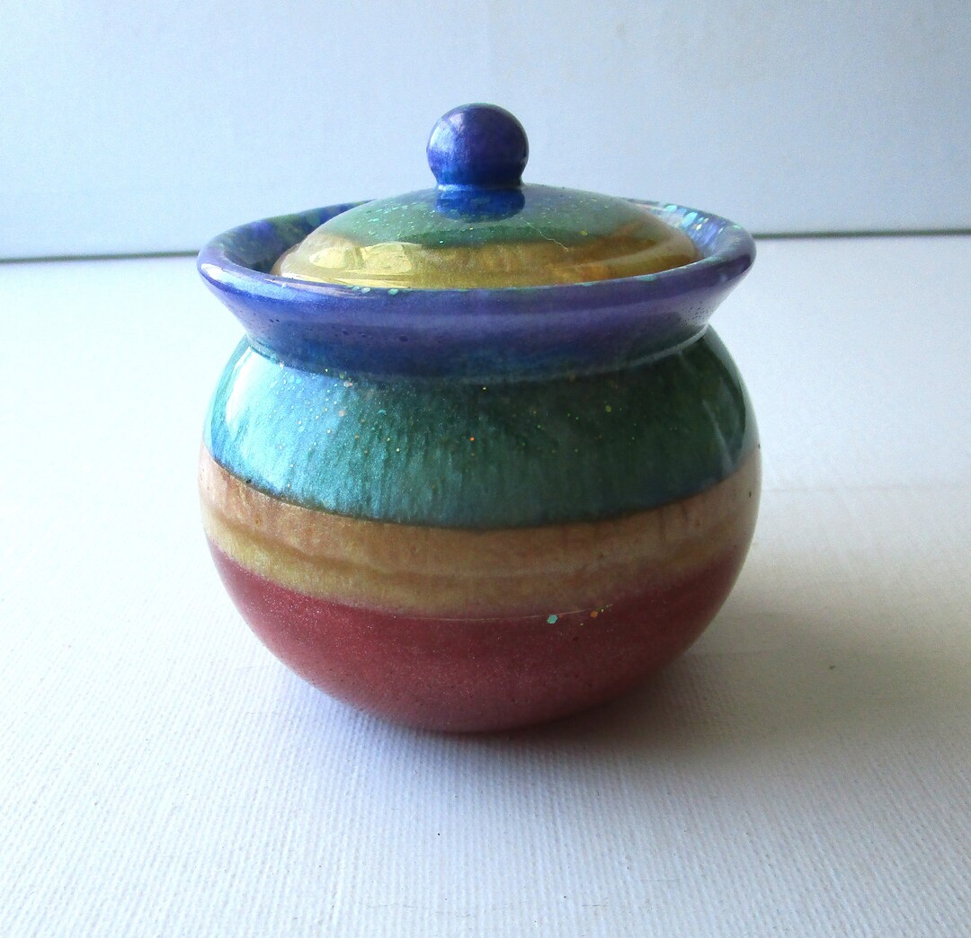 Sparkle Rainbow Lidded Vessel Resin Hand Cast Functional Art, One of a ...