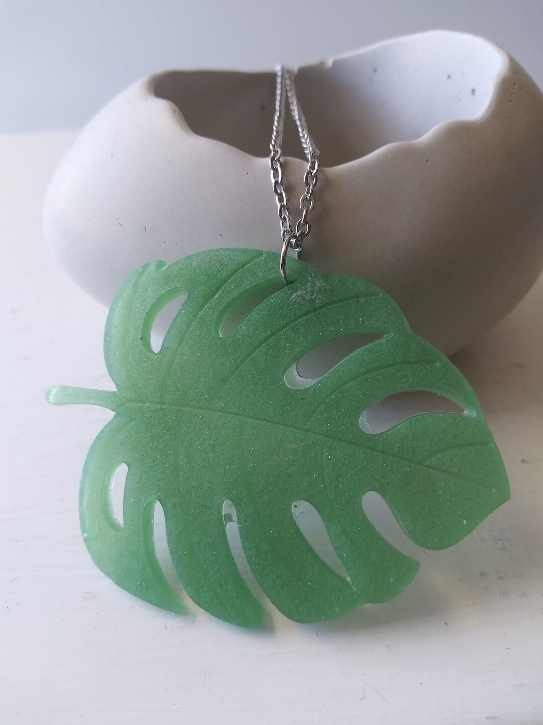 Monstera Leaf Pendant Necklace Green Resin Leaf Pendant on Silver ...
