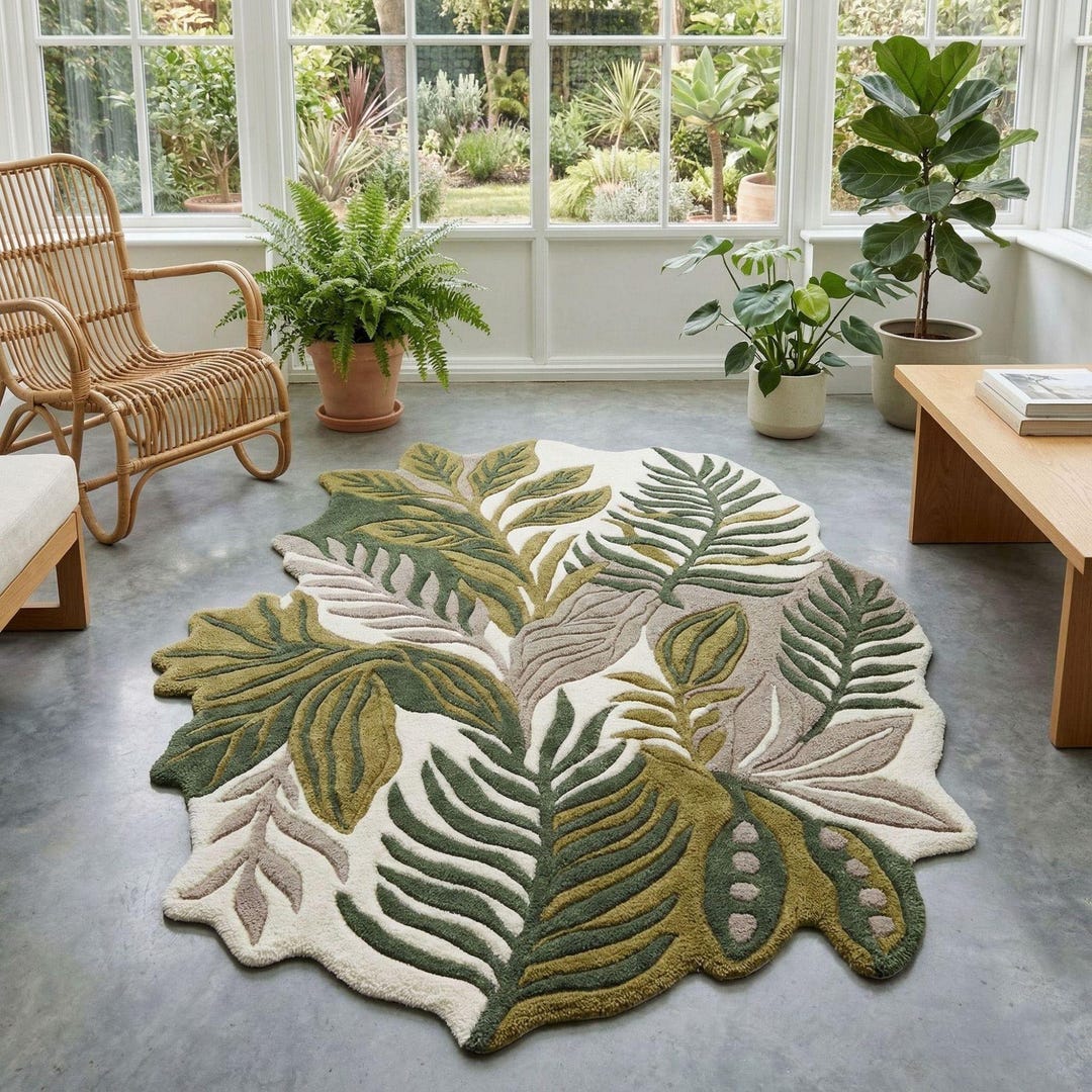 Irregular Botanical Green Rug, Leaf Pattern Carpet, Nature-inspired Mat ...