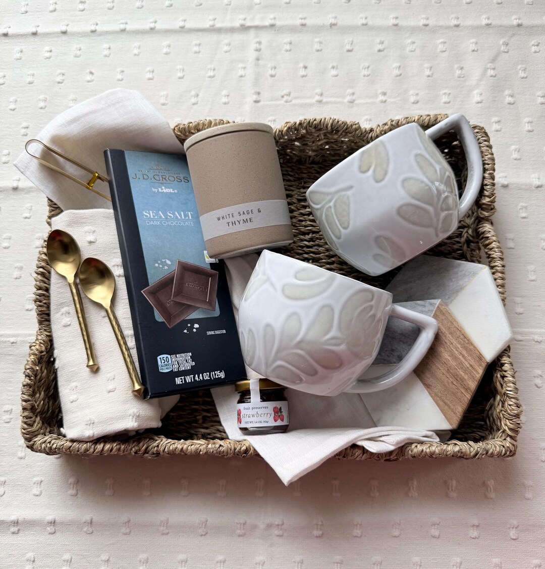 Cozy Coffee Gift Tray – Seagrass Basket, Mugs, Candle & Treats - Etsy