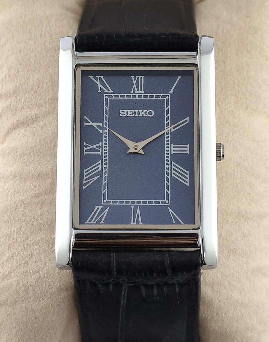 Vintage Seiko Slim Tank Quartz Watch for Men | Blue Dial | Romer Index ...