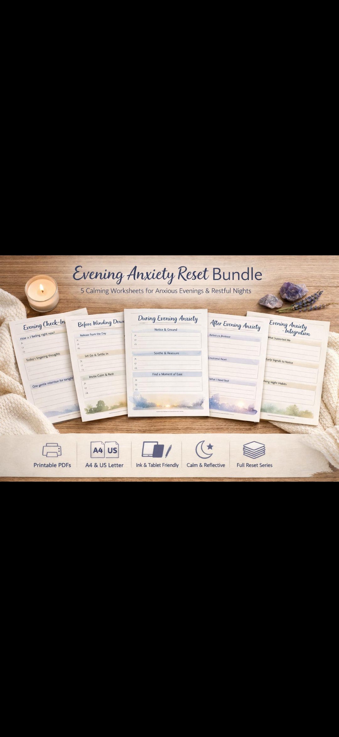 Evening Anxiety Reset Bundle | 5 Printable Worksheets to Calm the Mind ...