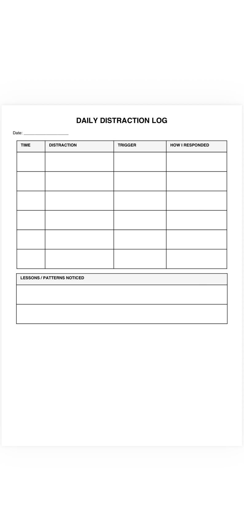 Daily Distraction Log Printable One Page Focus Productivity Tracker ...