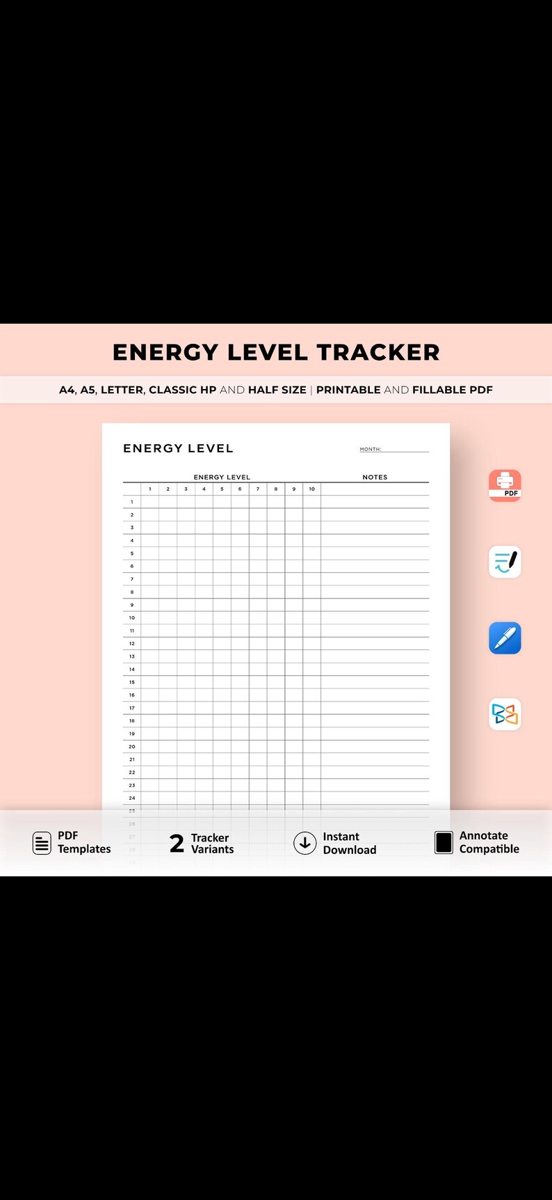 Monthly Energy Tracker Printable Minimal Energy Log Monthly Self Care ...