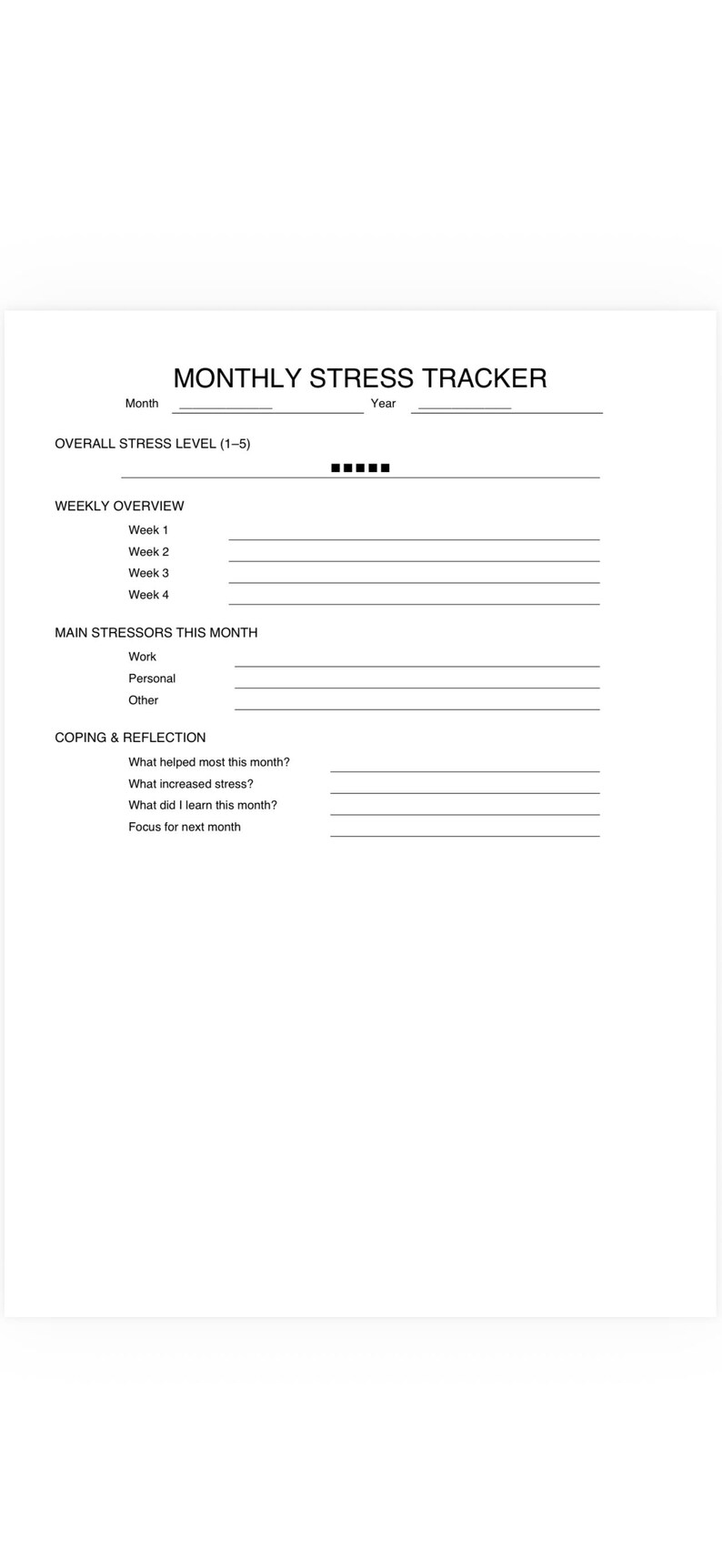 Monthly Stress Tracker Printable PDF Stress Management Journal Digital ...
