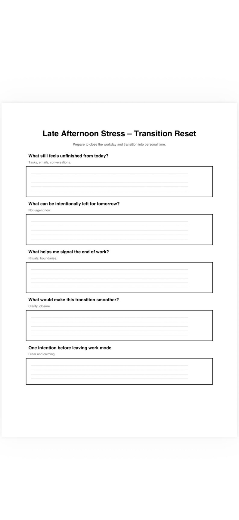 Late Afternoon Stress Worksheet | Before Transition | Close the Workday ...