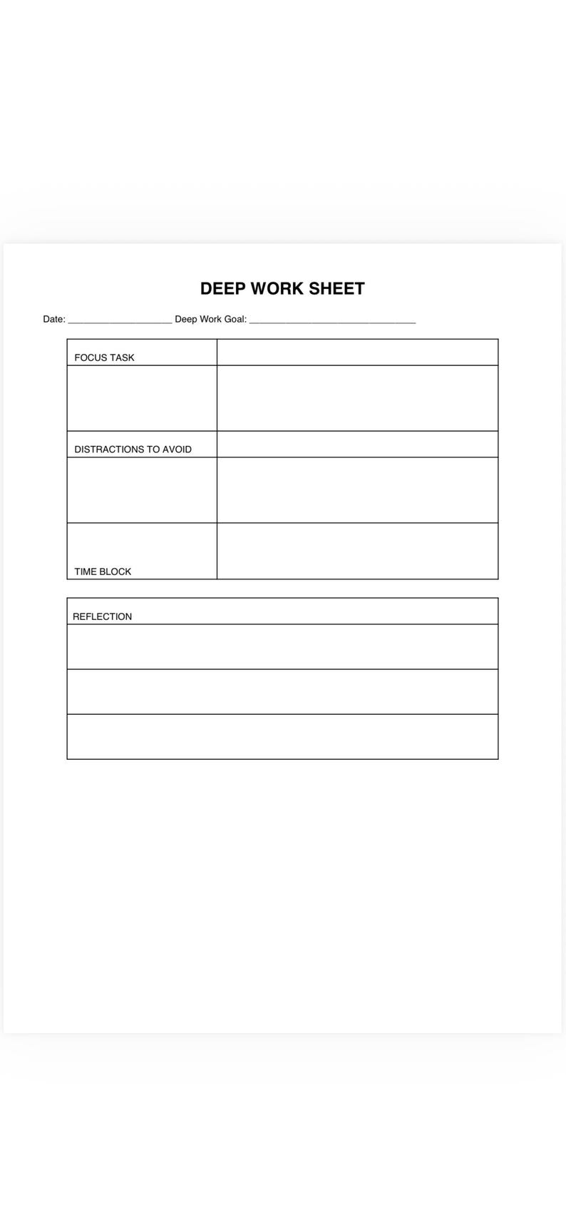 Deep Work Sheet Printable One Page Focus Planner Productivity Worksheet ...