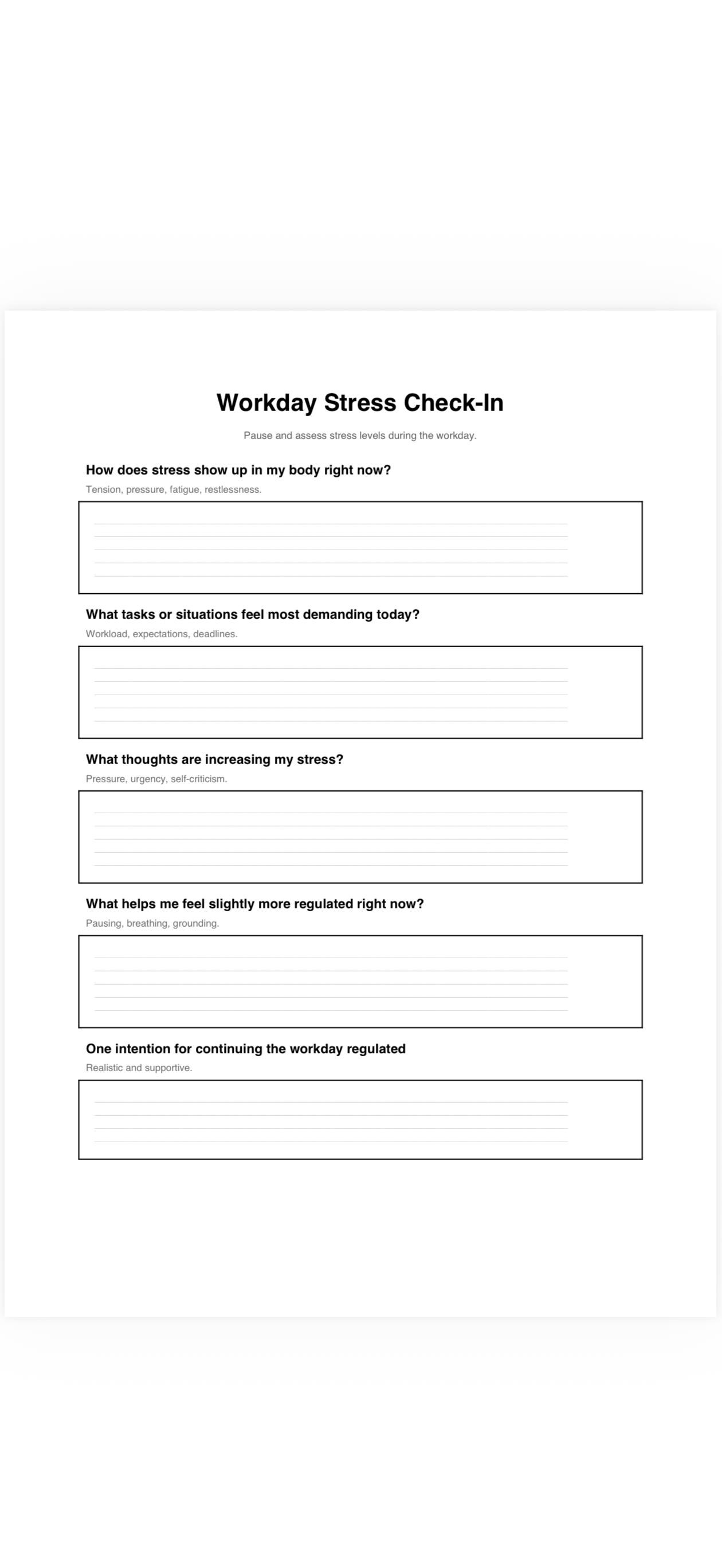 Workday Stress Check-in Worksheet | Reduce Work Stress, Regulate ...