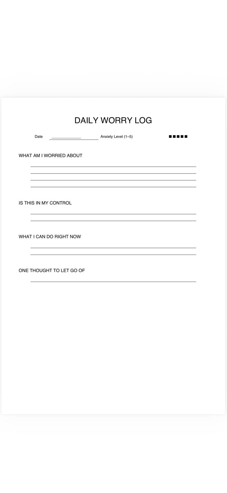 Daily Worry Log Printable Anxiety Tracker Minimalist Mental Health ...