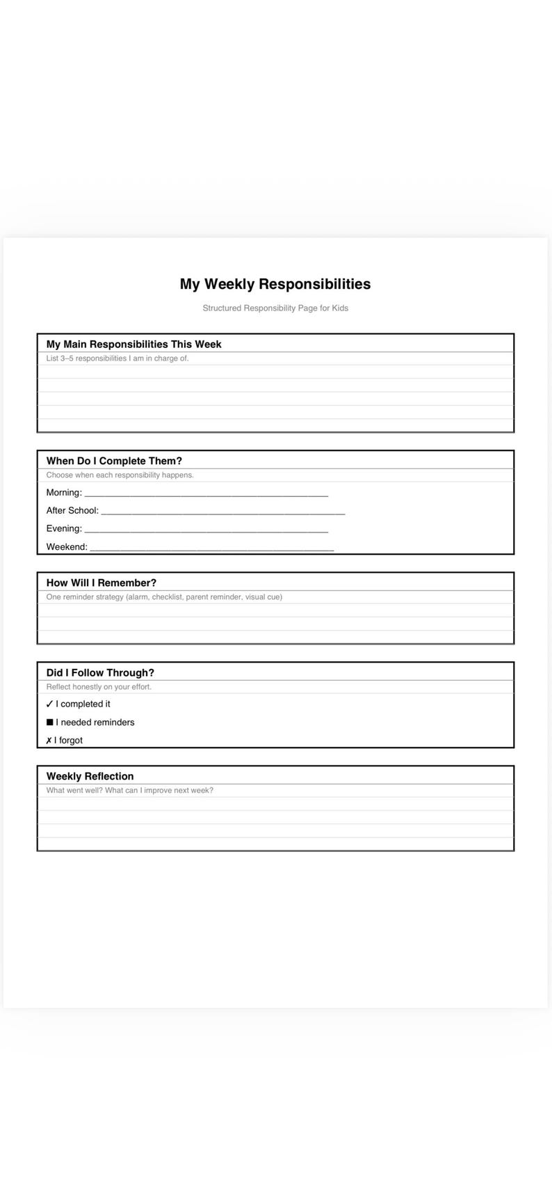 Weekly Responsibilities Chart for Kids – Printable Follow Through ...