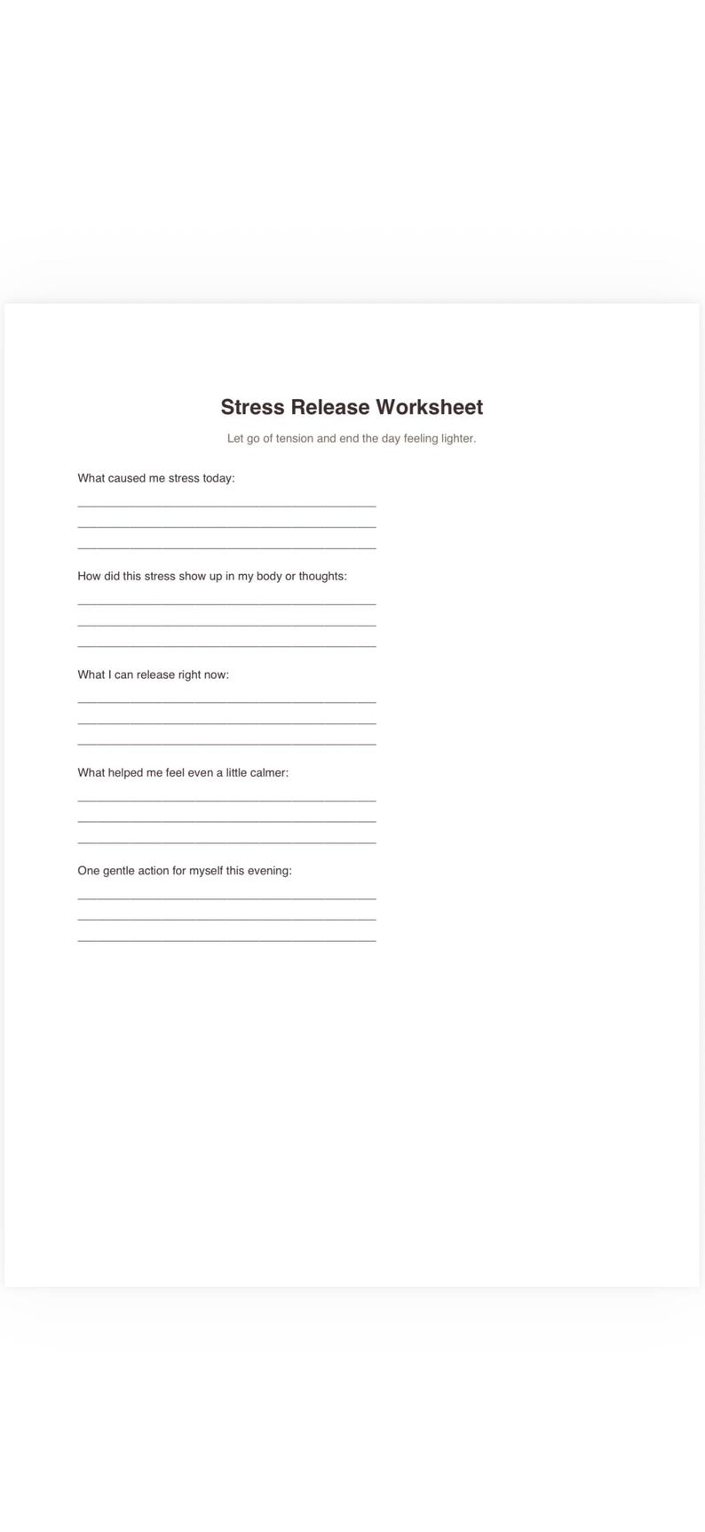 Stress Release Worksheet Printable A4 Evening Calm Self Care Journal - Etsy