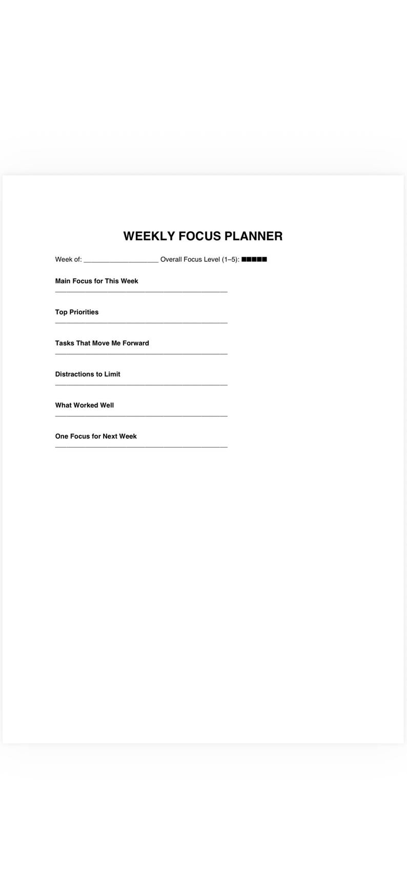 Weekly Focus Planner Minimal Printable Productivity Planner Digital PDF ...