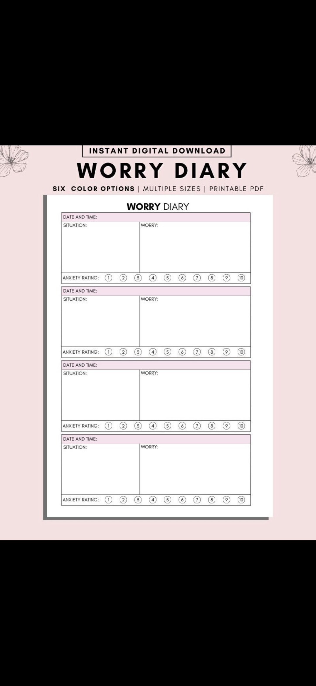 Daily Worry Log Printable Anxiety Tracker Minimalist Mental Health ...