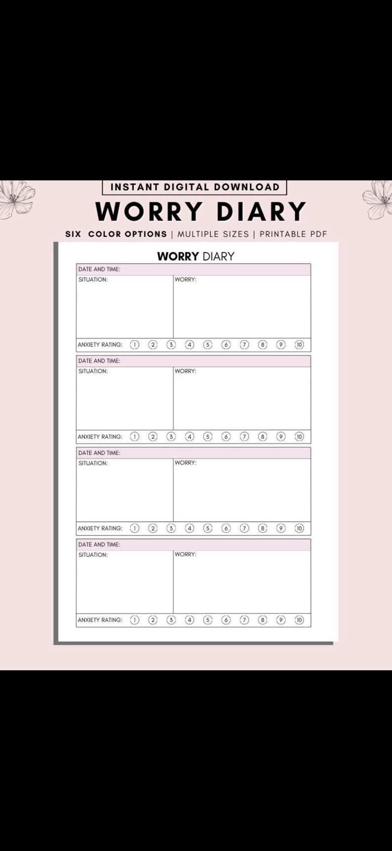 Daily Worry Log Printable Anxiety Tracker Minimalist Mental Health ...
