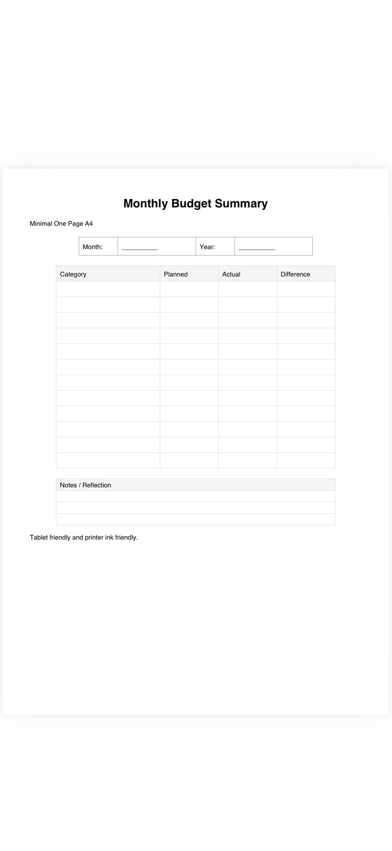 Monthly Budget Summary Printable A4 – Minimal Budget Overview | Tablet ...