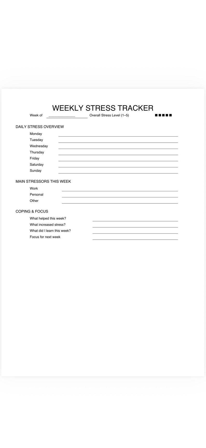 Weekly Stress Tracker Printable PDF Stress Management Journal Digital ...