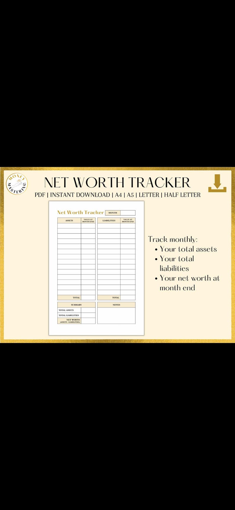 Monthly Net Worth Tracker Printable A4 Minimal One Page Net Worth ...
